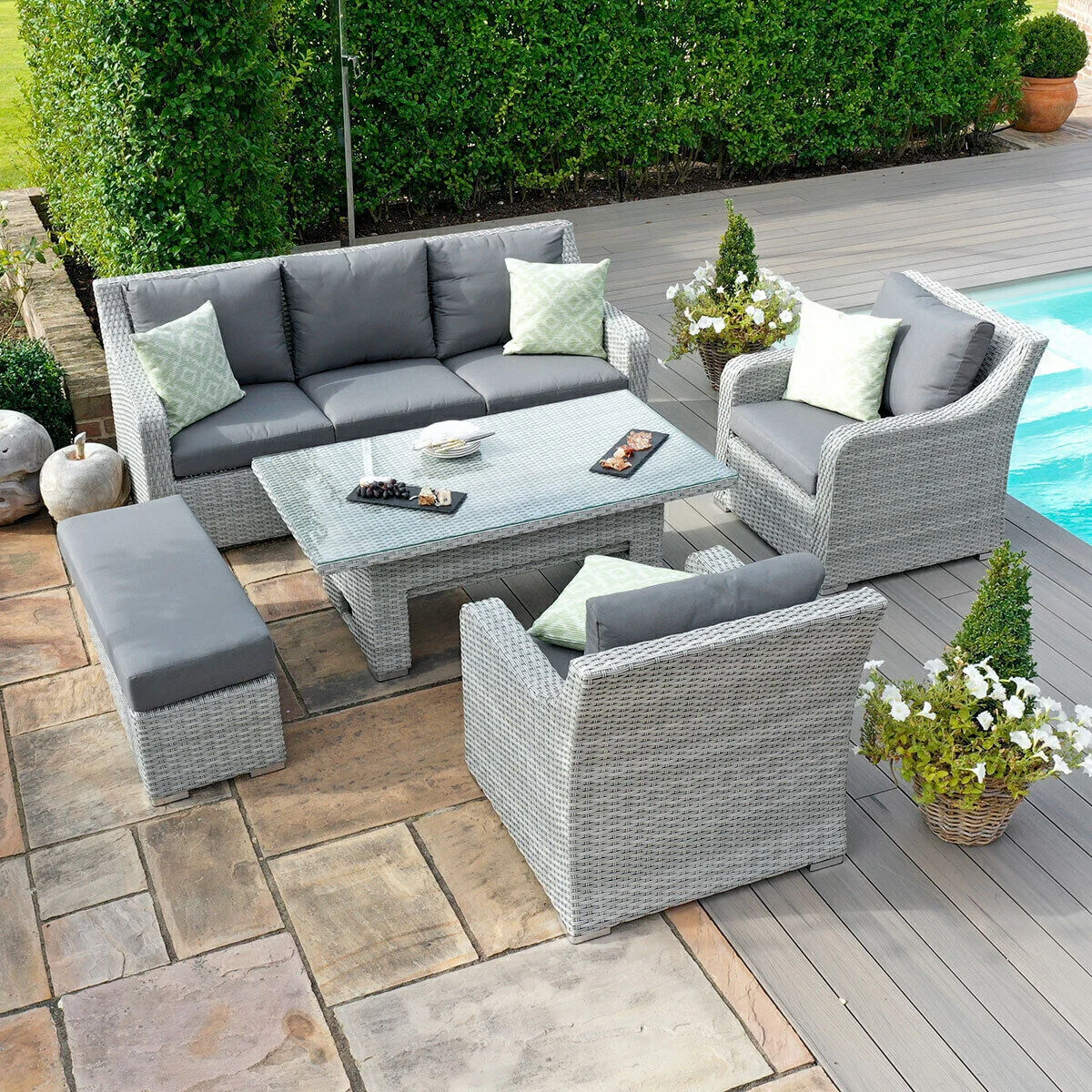 Ascot 3 Seat Rattan Sofa Dining Set with Rising Table & Weatherproof ...